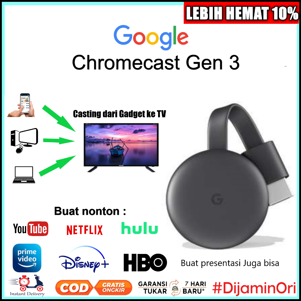 Jual Google Chromecast Gen 3 dongle TV HDMI menjadi Smart TV, casting ...