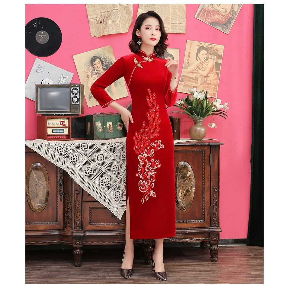 Jual Londoners - Premium Red Peacock Maxi Cheongsam Dress | Baju ...