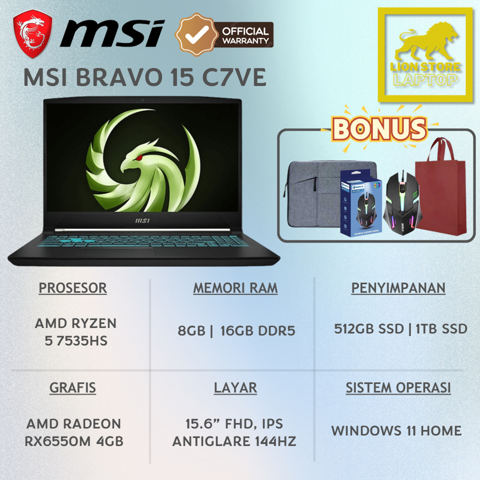 Jual Laptop Gaming Msi Bravo 15 C7VE AMD Ryzen 5 7535HS 16GB 1TB SSD ...