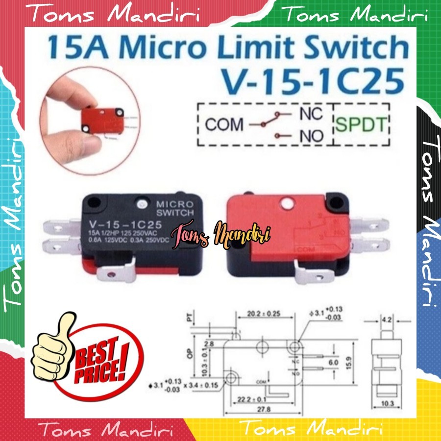 Jual Micro Limit Switch Button V-15-1C25 AC 250V 15A | Shopee Indonesia