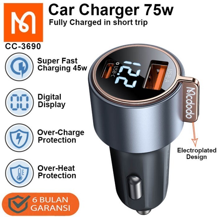 Jual MCDODO Car Charger Mobil 75W Dual Output USB + PD Type C Fast Charging / CC-3690 CC 3690 ...