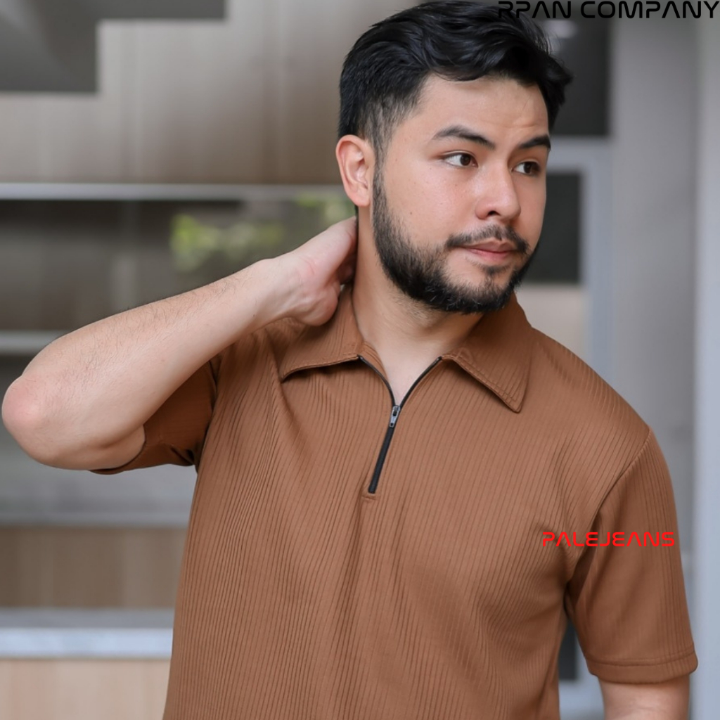 Jual Polo Shirt Knit Motif Salur Kecil Zipper Half Zipp Pria / Baju ...
