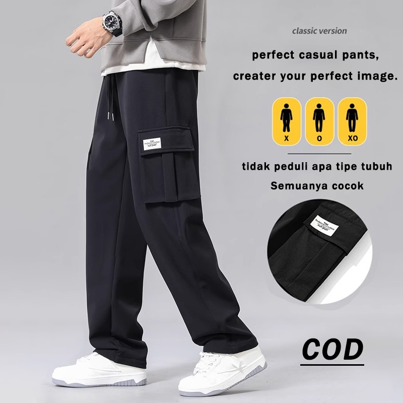 Jual Celana Cargo Panjang Pria Hitam Celana Cargo Pria Korean Style Loose Straight Pants Cargo ...