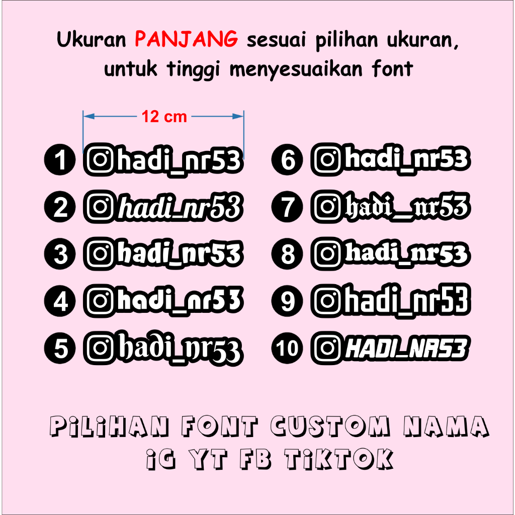 Jual CUSTOM stiker Nama IG INSTAGRAM FB YT TIKTOK nama orang, lembaga ...