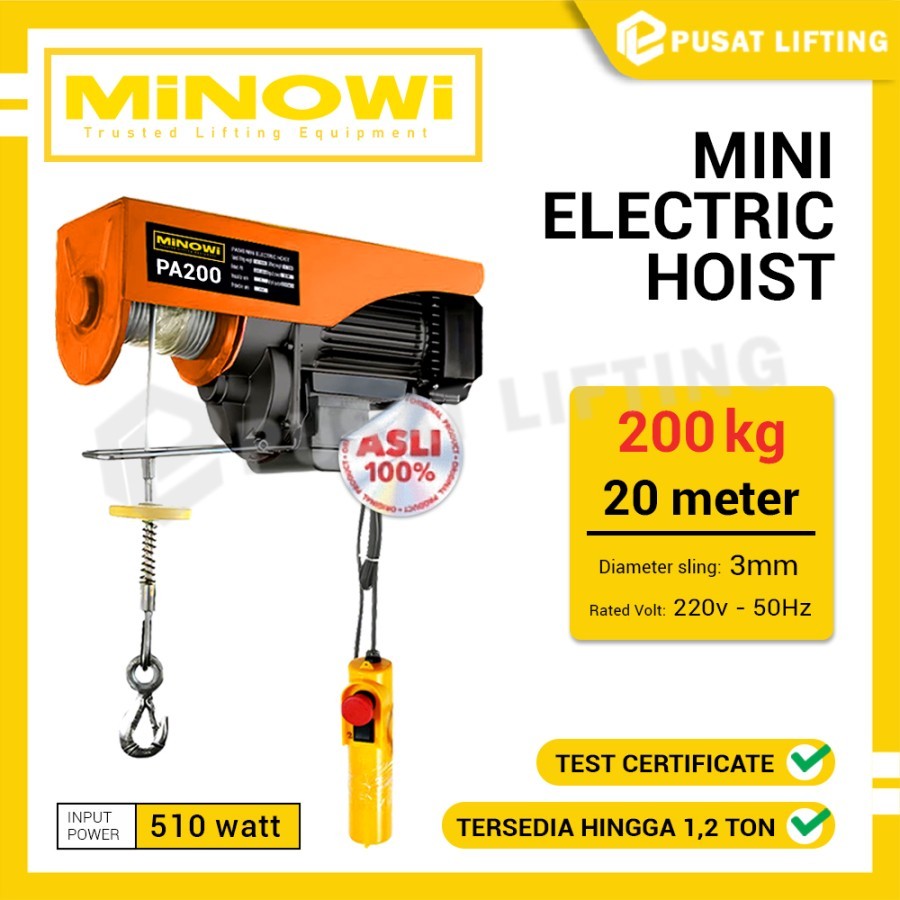 Jual MINOWI Katrol Listrik 200 Kg Electric Hoist 20 Meter Mini Hoist PA ...
