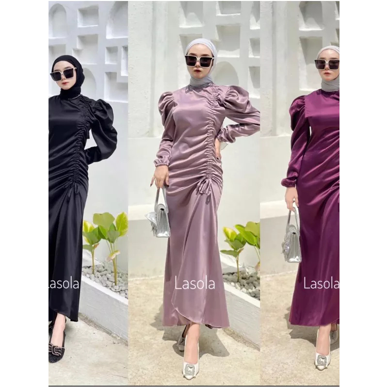 Jual Gamis Serut Mimosa Dress Silk Gamis polosan Gamis wanita dewasa ...