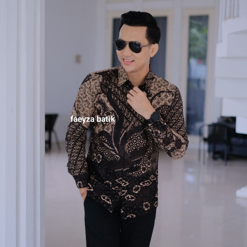 Jual kemeja batik pria lengan panjang,atasan pria slimfit,hem batik motif peksi cokelat katun ...