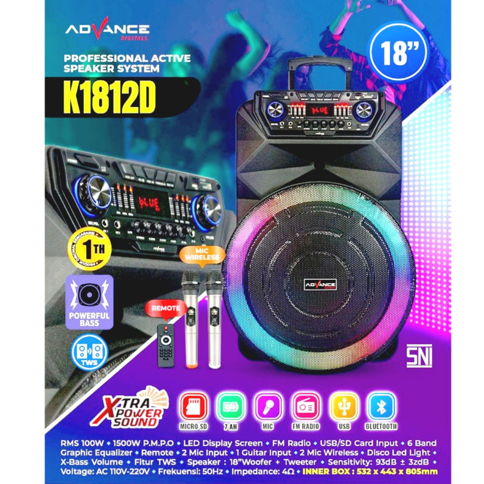 Jual Speaker Advance K1812 D Xtra Bass speaker 100W 18 inci Meeting Bluetooth Portable Plus 2 ...