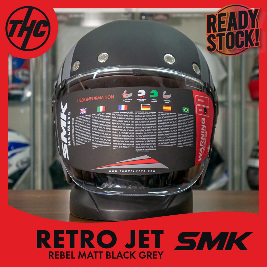 Jual HELM SMK RETRO JET REBEL MATT BLACK GREY HALF FACE VINTAGE HELMET SMK | Shopee Indonesia