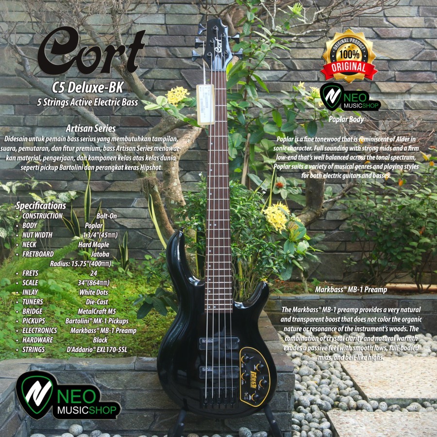 Jual Cort Artisan C5 Deluxe BK BLACK 5 Strings Active Electric Bass ...