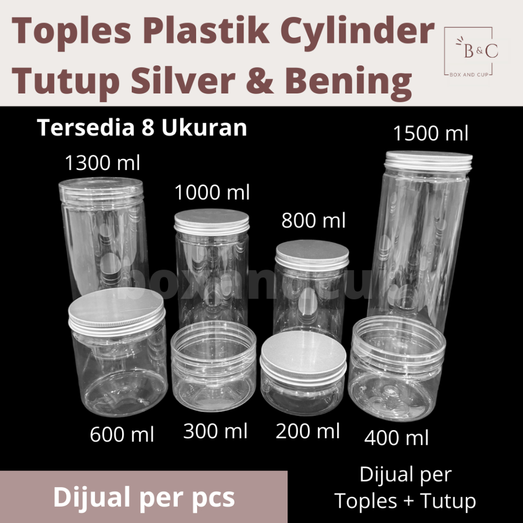 Jual Toples / Stoples / Tabung / Jar Plastik PET Cylinder Tutup Aluminium/ Besi Silver & Bening ...