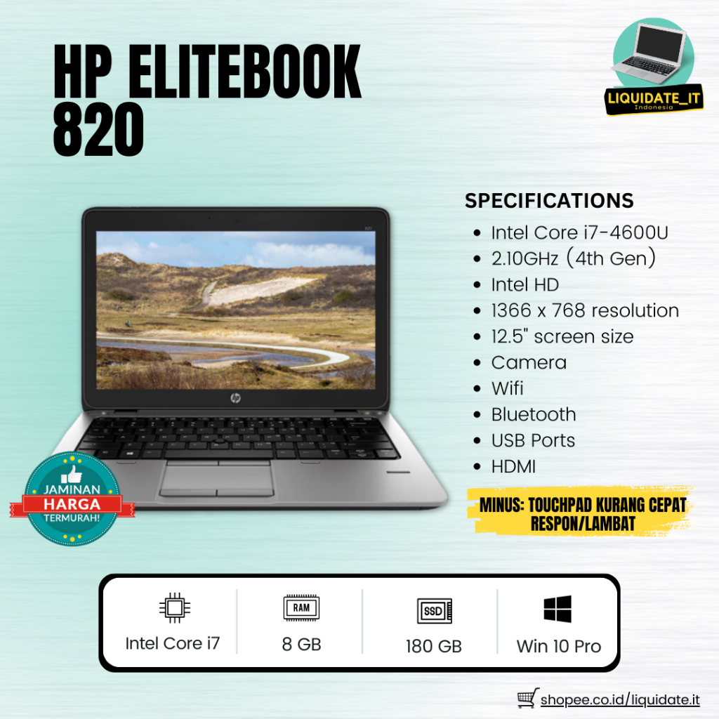 Jual HP EliteBook 820 Core i7-4600U 2.10GHz 8GB RAM 180GB SSD Win10 Pro | Shopee Indonesia