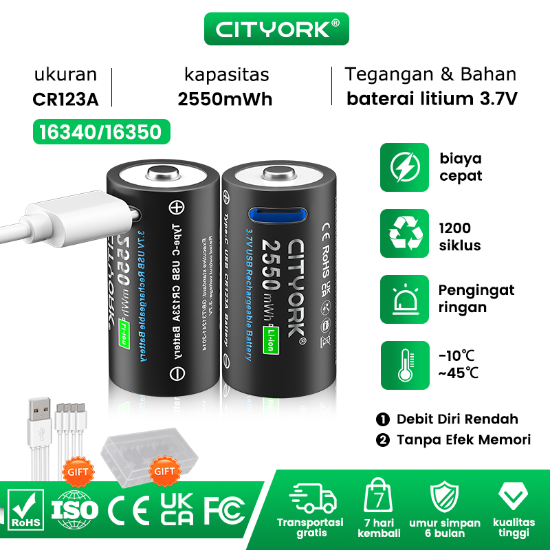 Jual Cityork Baterai Isi Ulang CR123A Li-Ion Rechargeable 3.7V 2550mWh ...