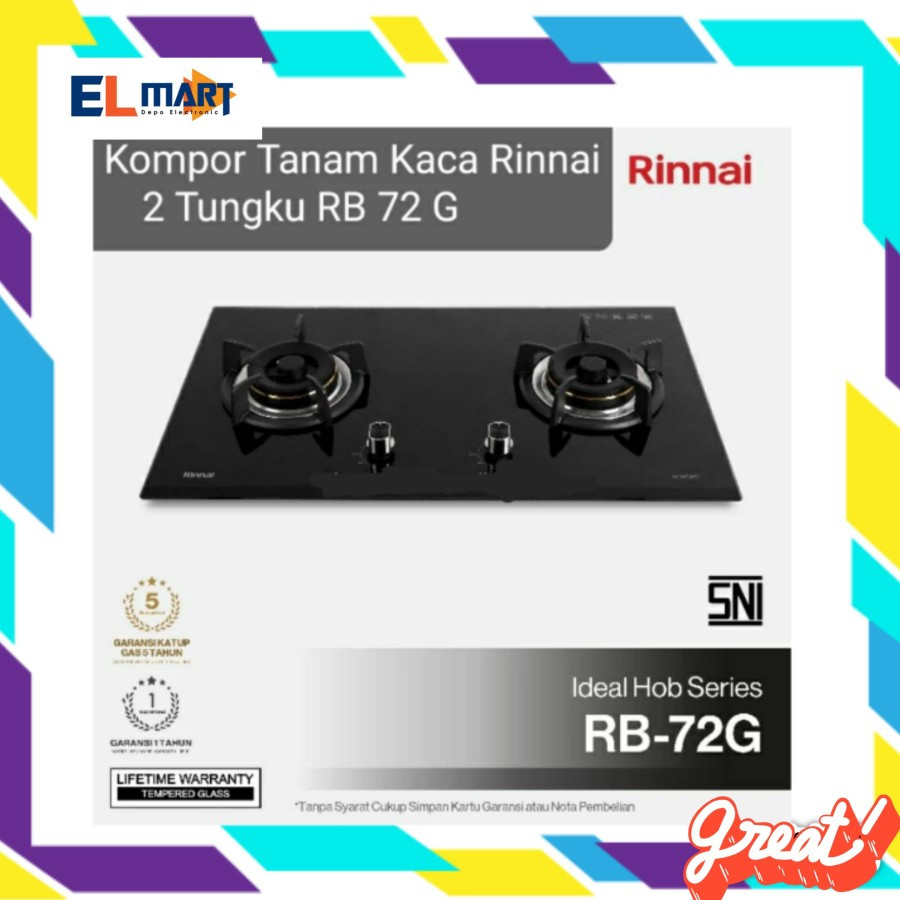 Jual Rinnai Kompor Tanam Kaca 2 Tungku RB 72 G Schott Glass 72G RB72G Gas Hob kompor kaca ...