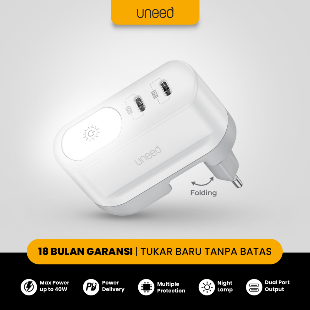 Jual UNEED Charger Dual Port PD Quick Charger 40W with Night Light ...