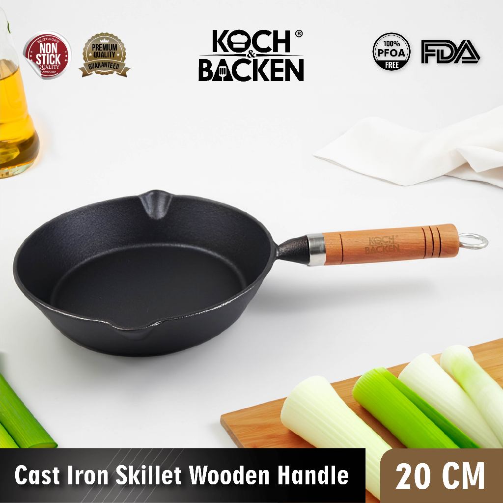 Jual KOCH&BACKEN Cast Iron Skillet Fry Pan Wooden Handle 20cm Embos ...