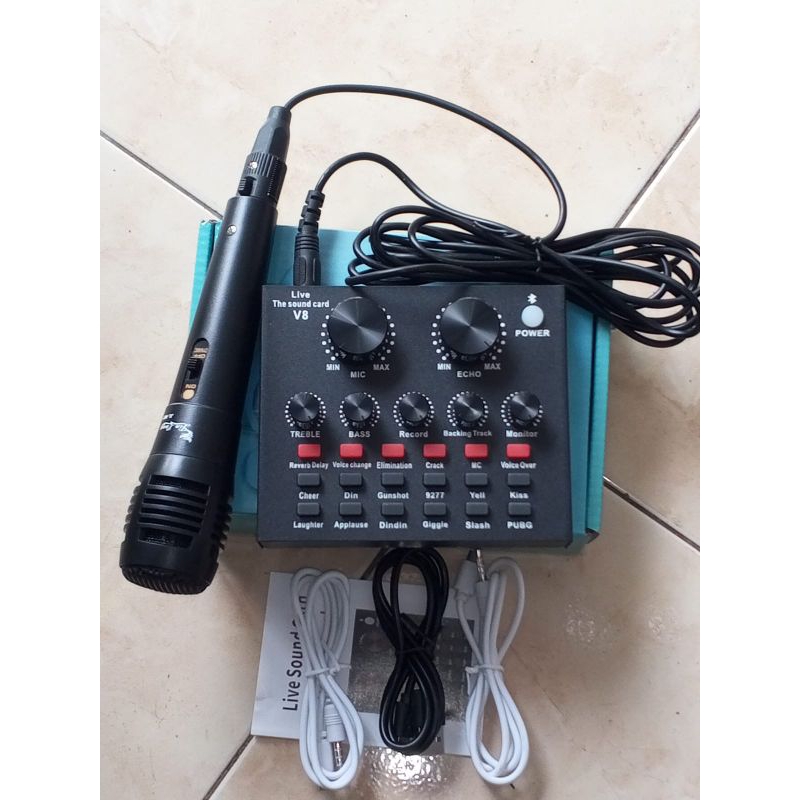 Jual alat karaoke sound card V8 + mic kabel live streaming | Shopee ...