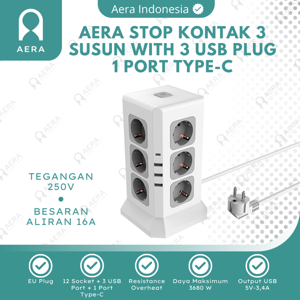 Jual AERA Stop Kontak 12 AC + 3 USB + 1Type-C Ports Power Socket 3 Susun | Stop Kontak 12 lubang ...
