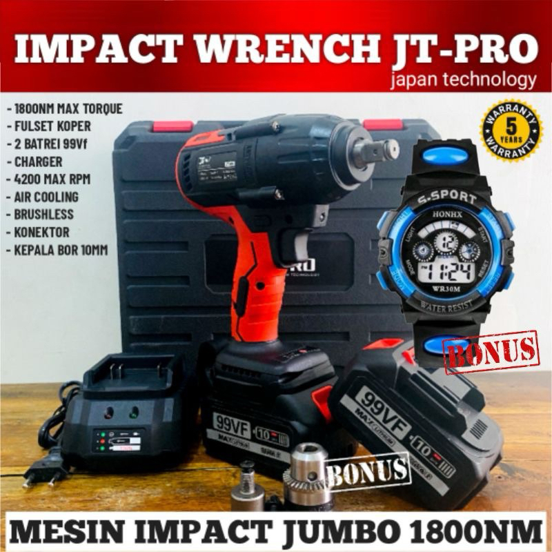 Jual BOR Impact wrench JTPRO JUMBO 99V 1800NM 1/2inch fullset mesin ...