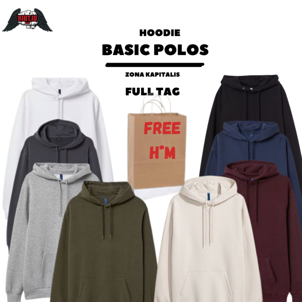 Jual (9.9) Hoodie HM Basic Polos Full Tag HM Putih Drak Grey Army Cream ...