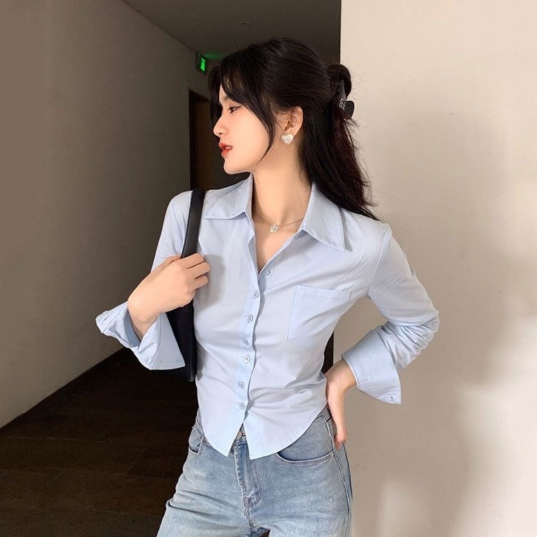 Jual Kemeja Wanita Lengan Panjang Gaya Korea Kemeja Kasual Warna Polos Kemeja Wanita Lengan ...