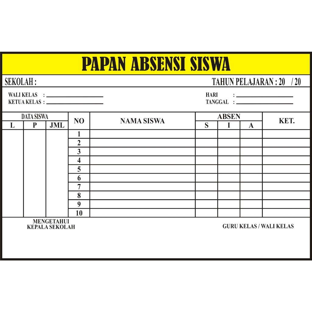 Jual Papan Data Absensi Siswa TK/RA, SD/MI, SMP/MTs, SMA/SMK/MA ukuran ...
