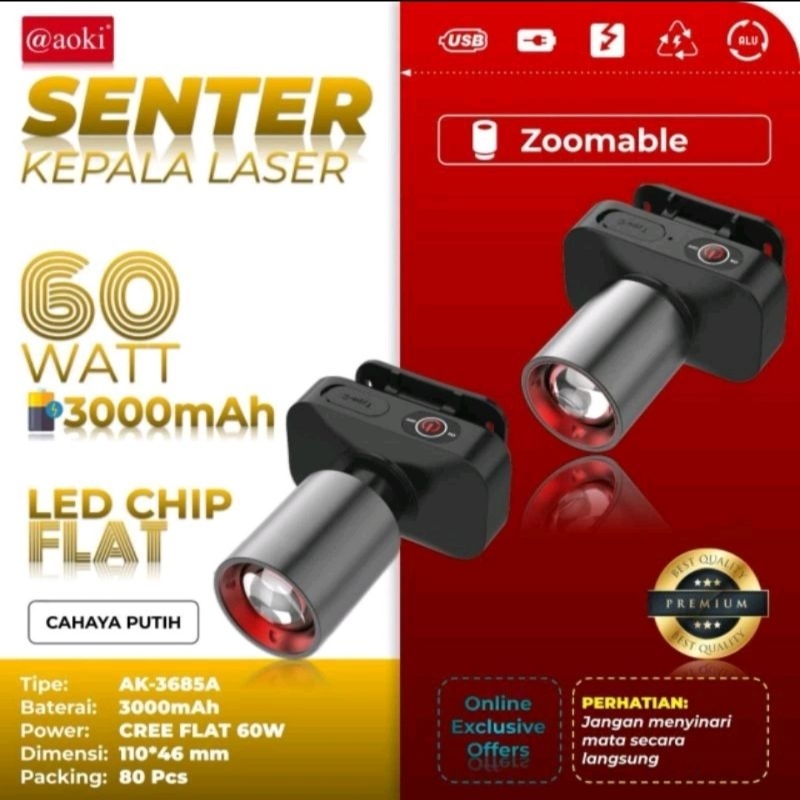 Jual Senter Kepala LED Zoom Aoki 60 watt | Shopee Indonesia