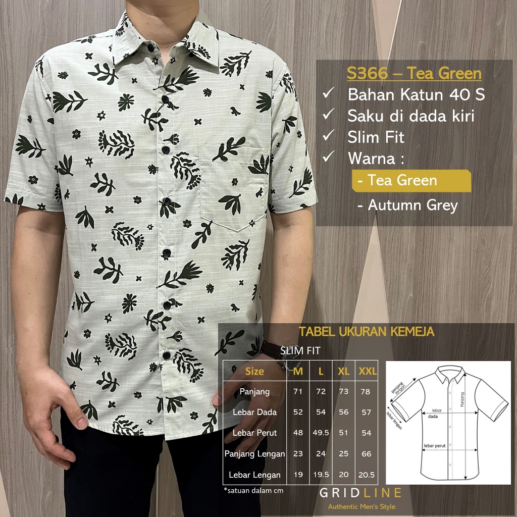 Jual [GRIDLINE - S366 Autumn Grey & Tea Green] Kemeja Print Pria Floral Pendek Slimfit FULL ...