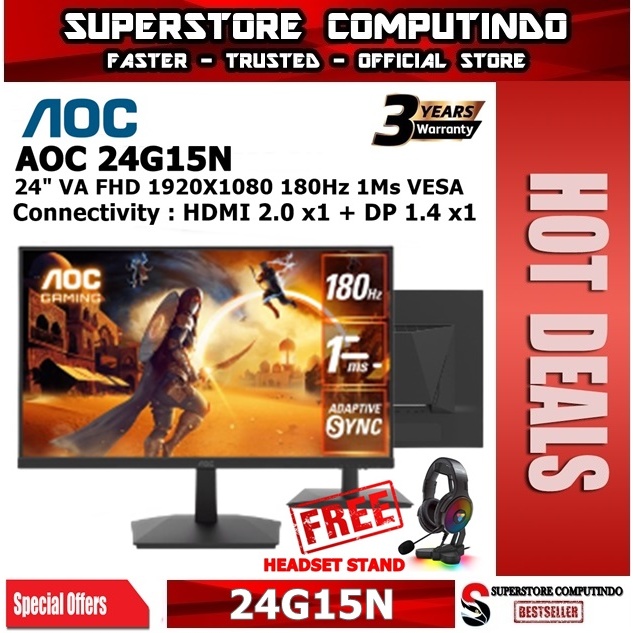 Jual Monitor LED AOC 24G15N 24" 1080p FHD 180Hz HDMI DP VESA 100x100mm ...