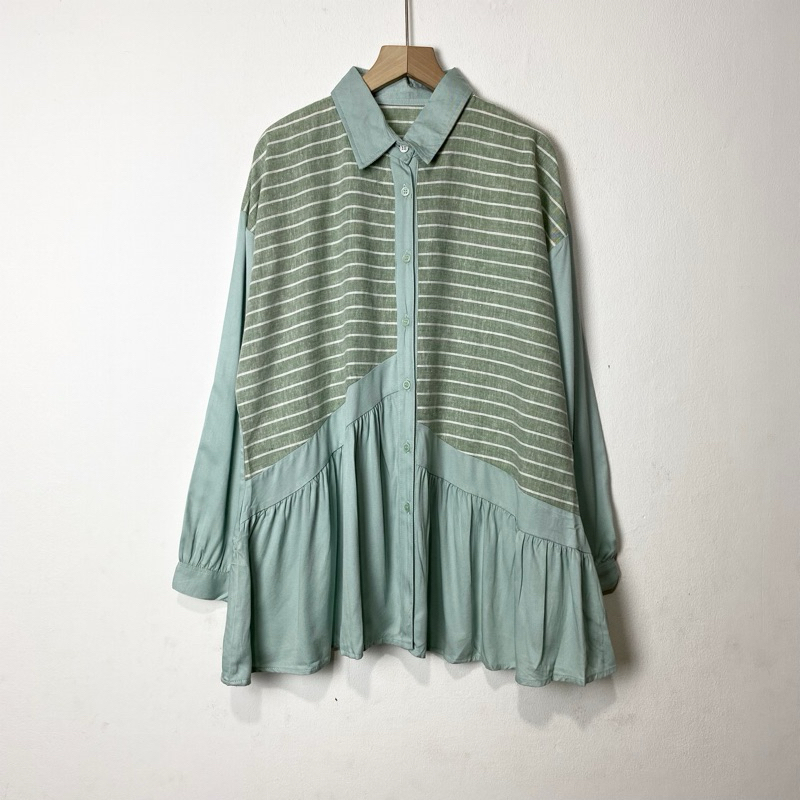 Jual Laura Blouse Kombinasi Kemeja Rempel Salur Linen Oversize | Shopee ...