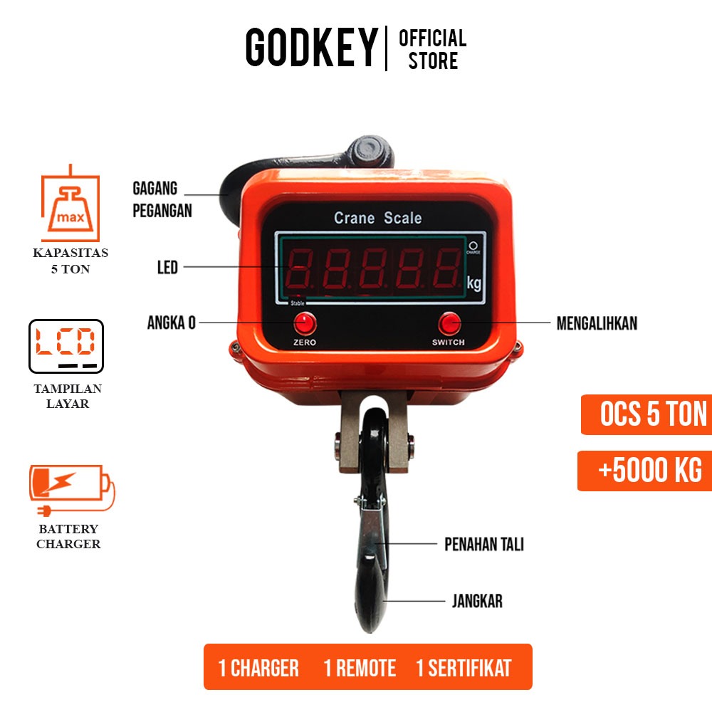 Jual OCS 5 TON Timbangan Gantung Digital 5Ton LED Remote Kontrol Besi Electronic Hanging Scale ...
