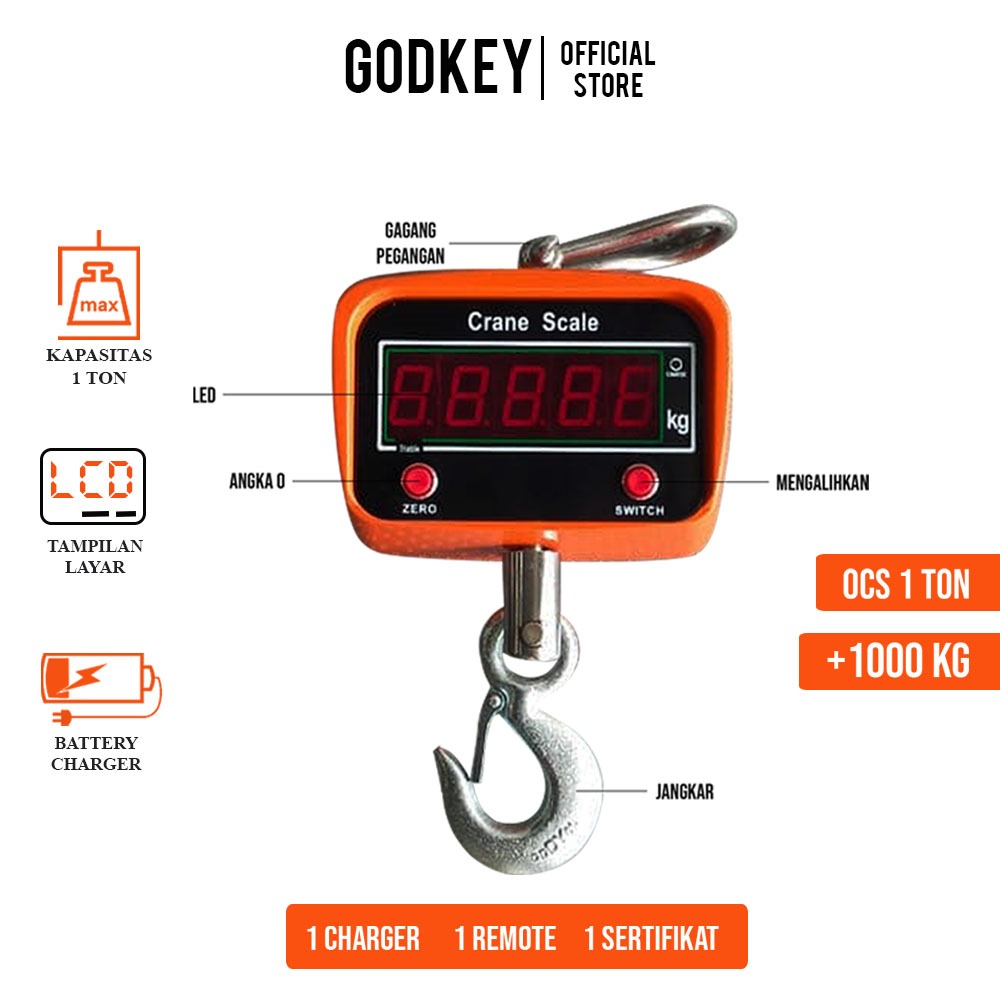 Jual OCS 1 TON Timbangan Gantung Digital 1Ton LED Remote Kontrol Besi Electronic Hanging Scale ...