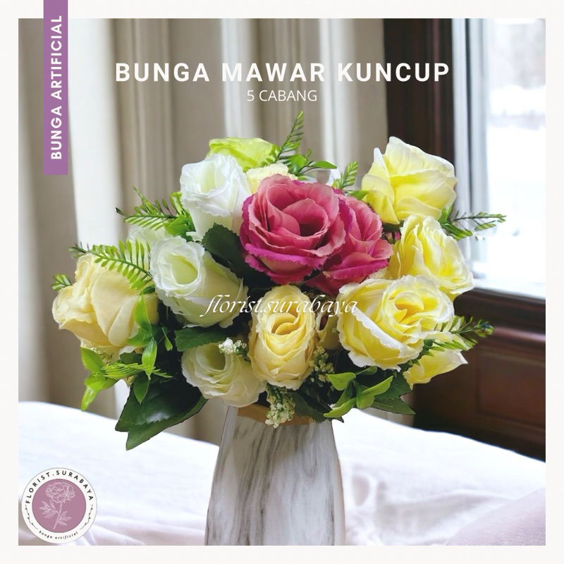 Jual BUNGA MAWAR KUNCUP CABANG 5-BUNGA MAWAR-BUNGA ARTIFICIAL-BUNGA ...