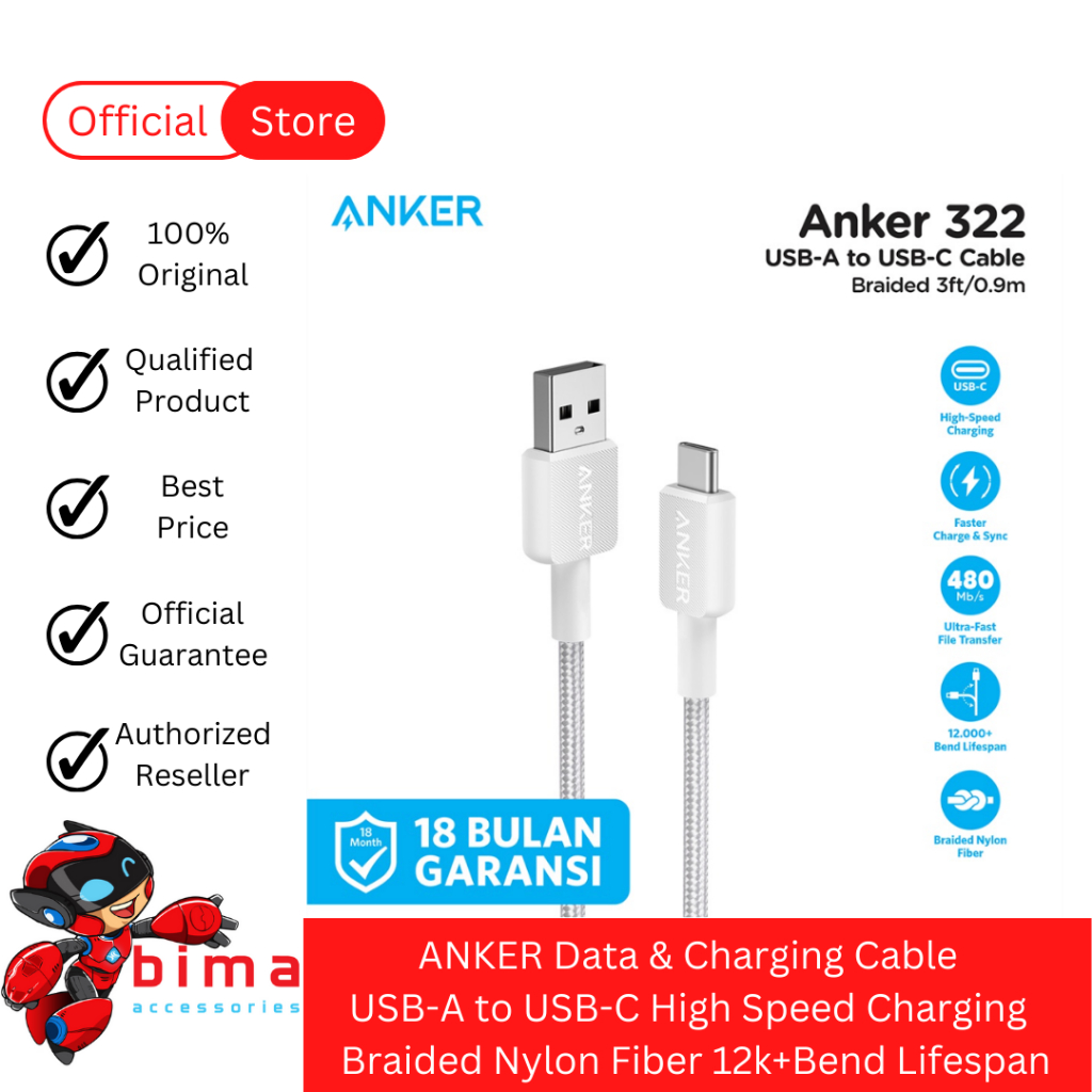 Jual ANKER Kabel Charger Data Cable Fast Charging USB-A to USB-C Type C ...
