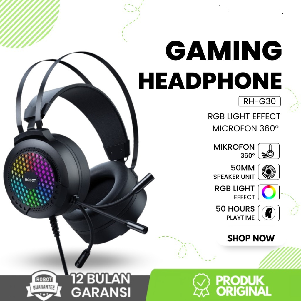 Jual ROBOT RH-G30 Headphone Gaming RGB Light Effect Headset Wired 3.5mm ...