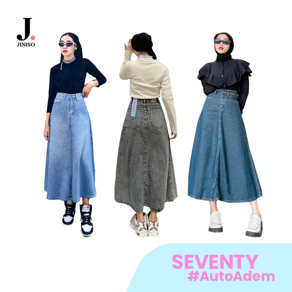 Jual JINISO - Highwaist Rok Basic Seventy Jeans Panjang | Shopee Indonesia