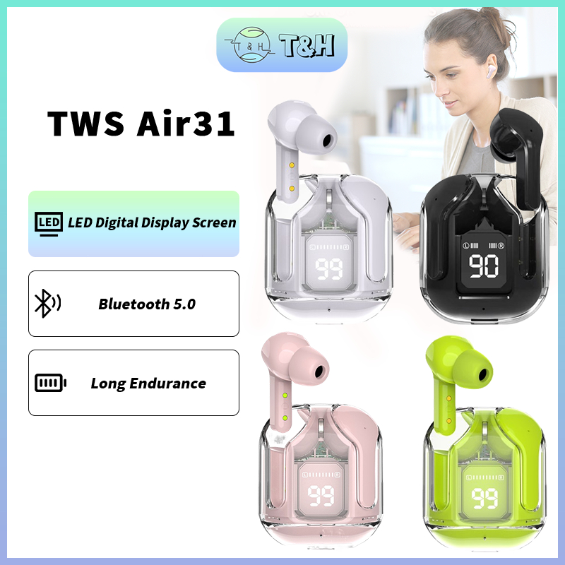 Jual (COD) TWS Air31 Headset bluetooth wirelles LED display tranparan ...