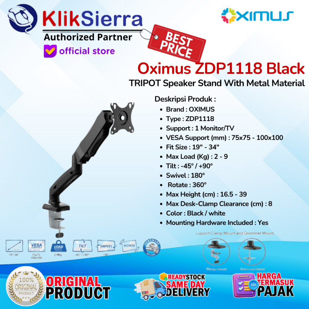 Jual OXIMUS ZDP1118 Black & White - BRACKET Single Arm Gas Spring TV ...