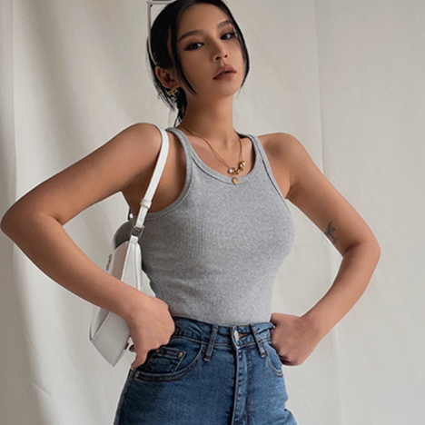 Jual [Premium] Round Neck Basic Plain Strap Knit Crop Tank Top 2420 (S ...