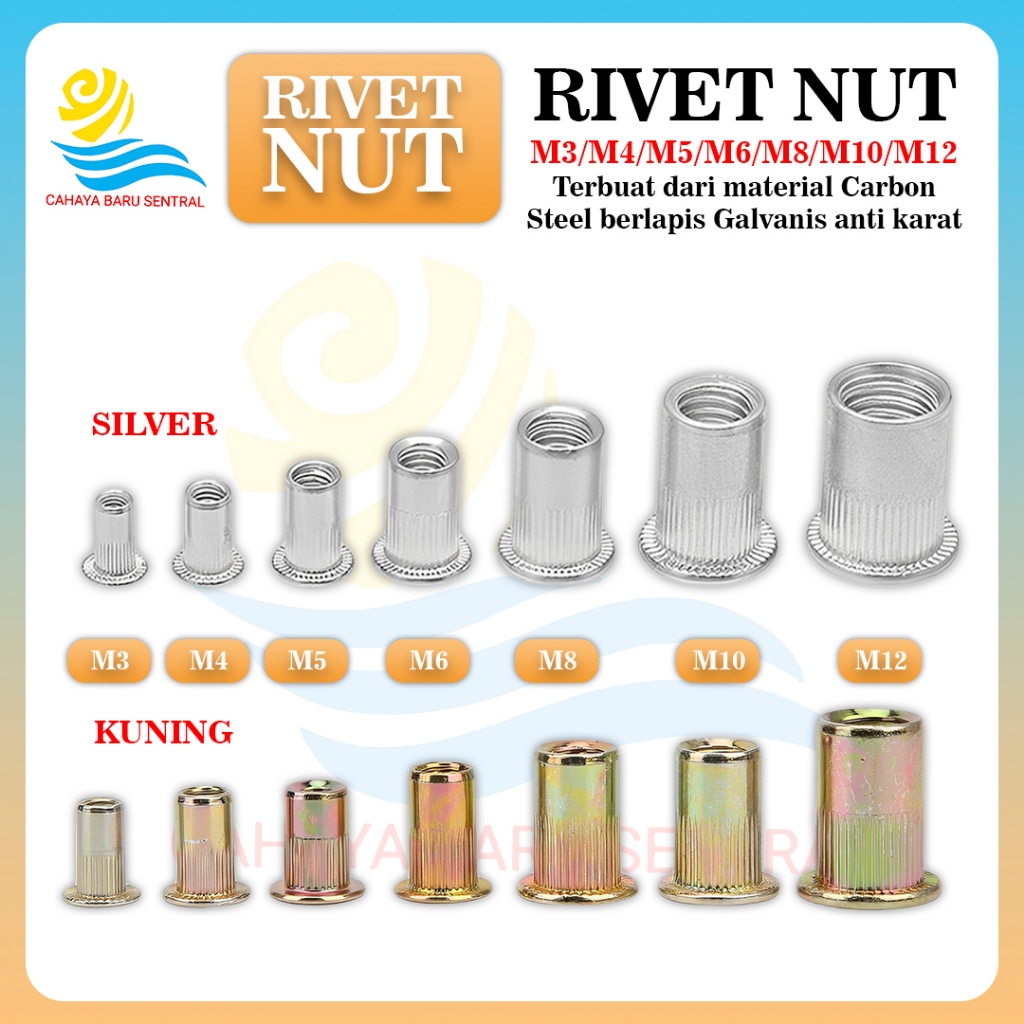Jual (50PCS) Mur Rivet Nut Rivnut Kuning Besi Carbon Steel Nutsert ...