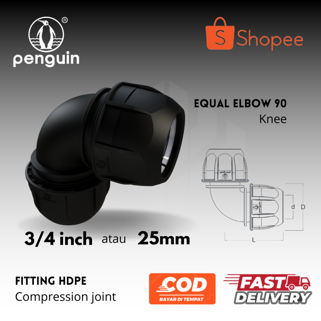 Jual Sambungan Pipa HDPE Elbow 90 / Knee ukuran 3/4 inch atau 25mm FITTING COMPRESSION Merk ...