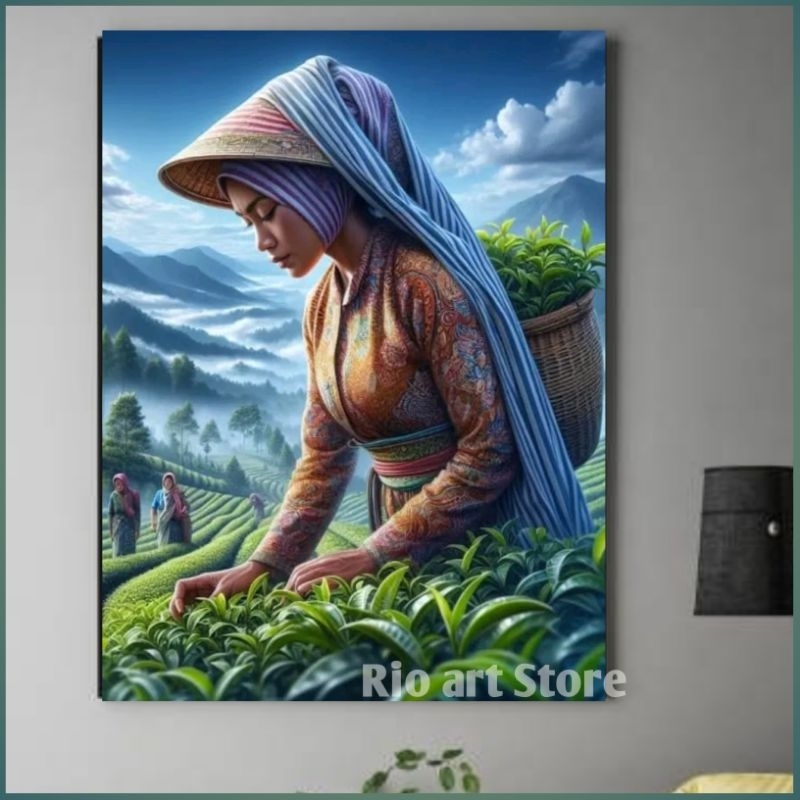 Jual Hiasan dinding poster lukisan ai wanita memetik daun teh di kebun ...
