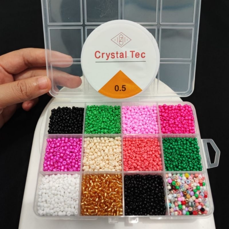 Jual satu box 12 sekat free senar mote manik pasir payet 8/0 3mm ...