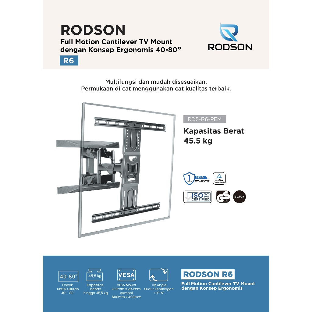 Jual Rodson R6 bracket tv monitor LED LCD 40" 42" 50" 55" 60" 65" 70 ...