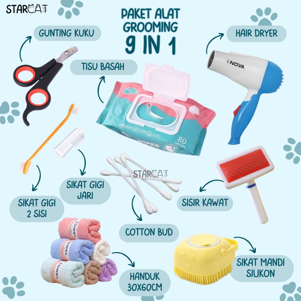 Jual SC 9in1 Paket Alat Grooming Kucing Hewan Peliharaan Tisu Basah ...