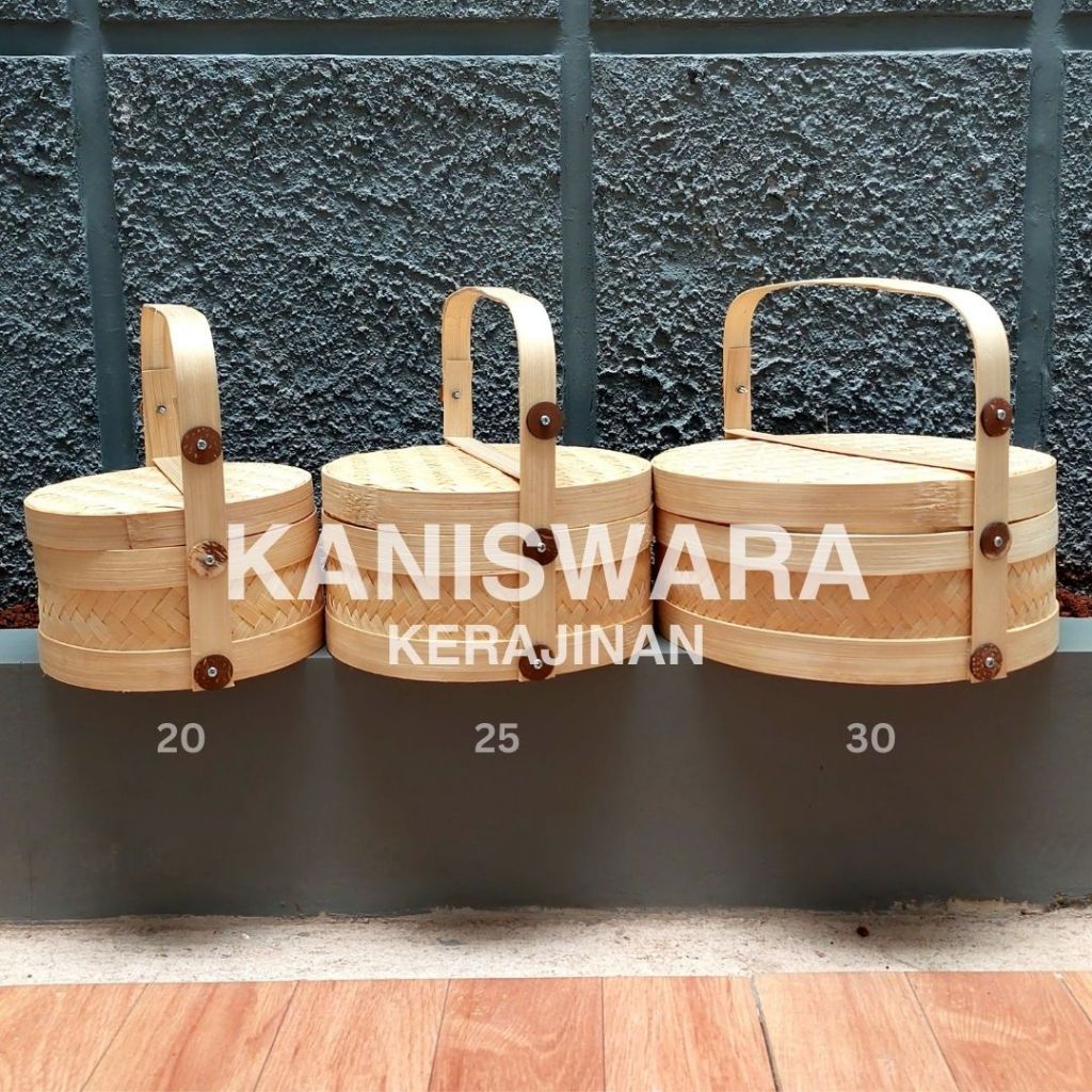 Jual Rantang Bambu Bulat Diameter 30 25 20 cm 1 Satu Susun Dengan Tutup ...