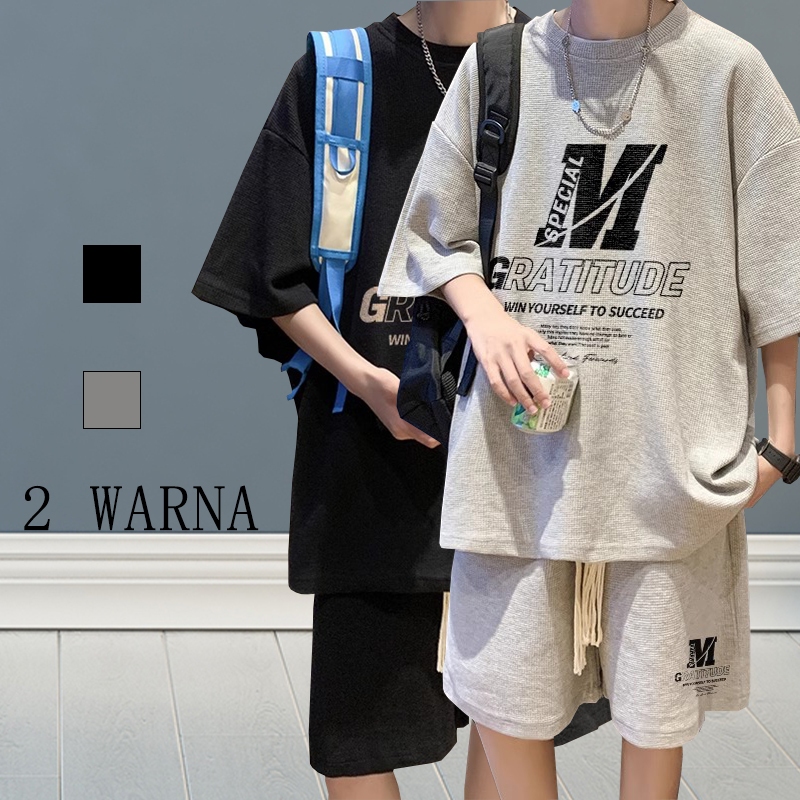 Jual COD##【Satu Set】setelan kaos pria Korea Selatan baju kaos oversize ...