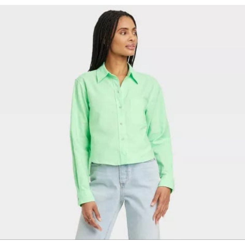Jual Universal Thread Long Sleeve colared button - Down shirt Green ...