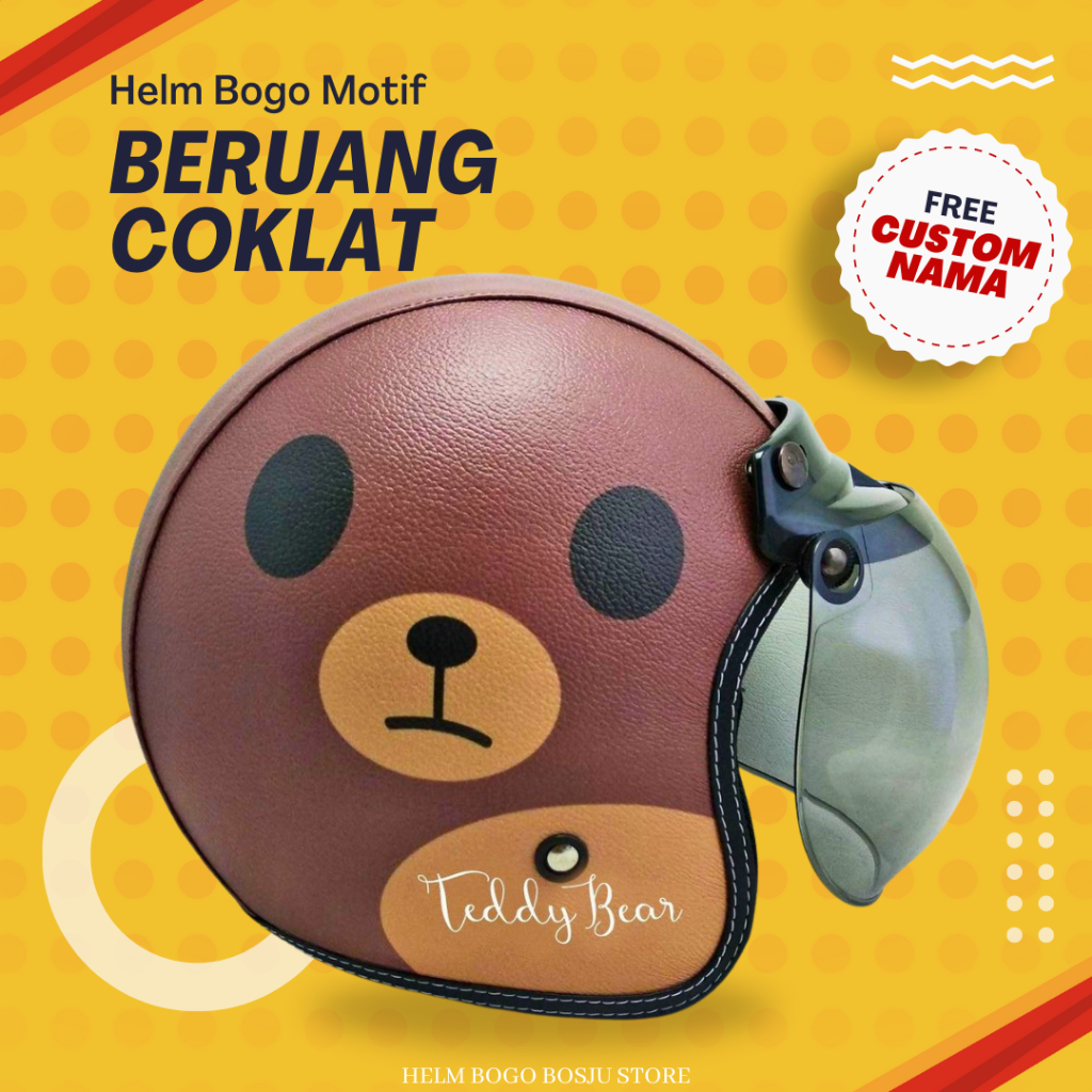 Jual Helm Bogo Motif Beruang coklat | Custom Warna Nama | Helem Retro ...