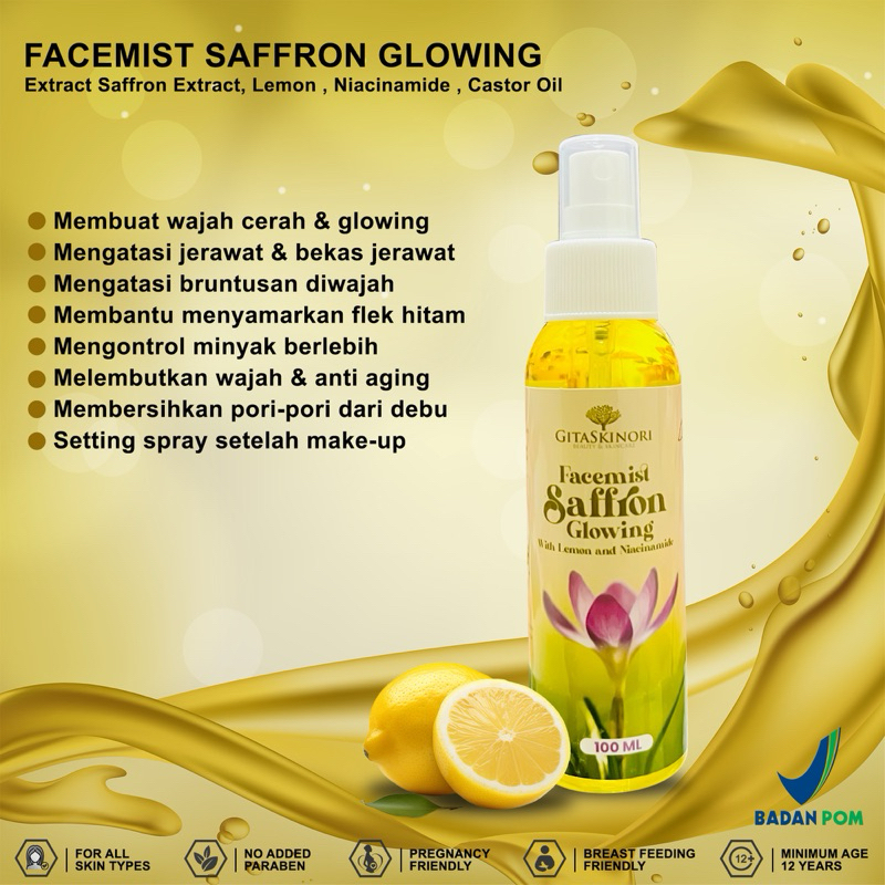 Jual FACE MIST SAFFRON GLOWING GITASKINORI 100 ml WITH LEMON PLUS VIT E ...